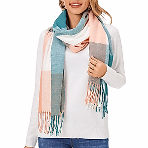 Fuinloth Women's Large Plaid Scarf Fashion Long Shawl Wrap for Winter Warm Lightweight Green Pink