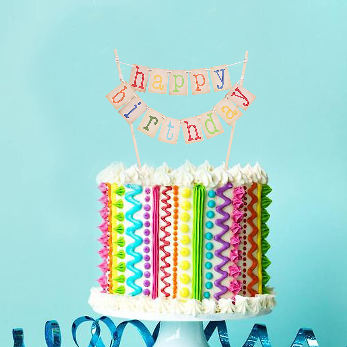 WAWOO Rainbow Happy Birthday Cake Topper - Personalized Birthday Banner, Rainbow 1st Birthday Decorations,Photo Prop, Baby Shower, Best Birthday Party Supplies