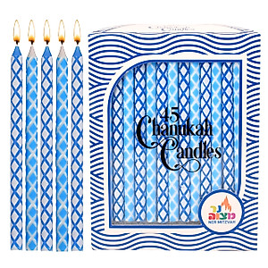 Dripless Chanukah Candles Standard Size - Diamond Etched Blue & White Hanukkah Candles Fits Most Menorahs - Premium Quality Wax - 45 Count for All 8 Nights of Hanukkah - by Ner Mitzvah