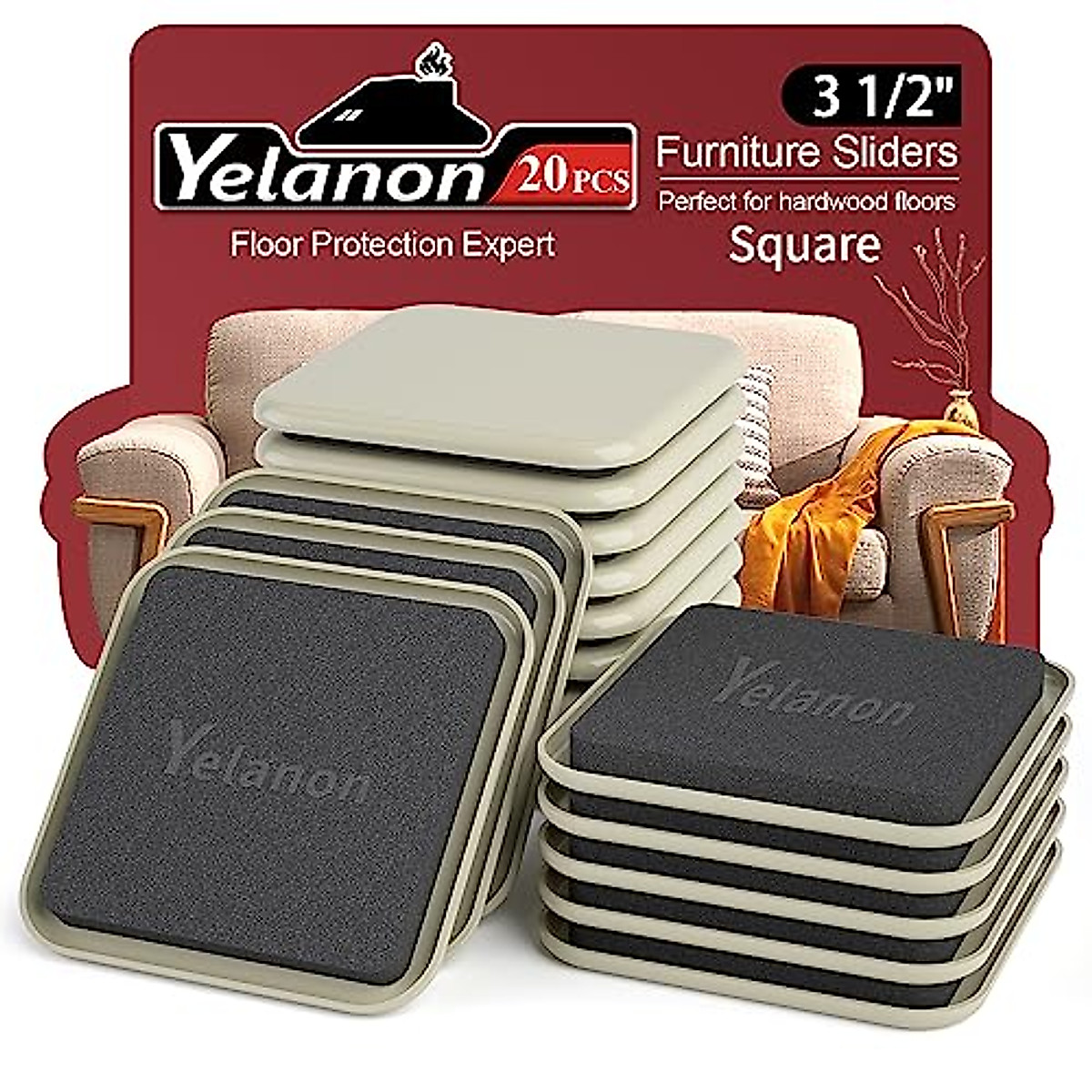 Furniture Sliders, 20 pcs-3 1/2” Square Beige Furniture Sliders for Carpet, Heavy Duty Furniture Movers Sliders, Reusable Furniture Moving Pads, Floor Protectors for Carpet