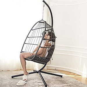 OUTPLATIO Egg Chair Outdoor Indoor with Cushion Swing Chairs for Outside Bedroom Patio Porch Garden Rattan Wicker Hanging Egg Chair Basket Chair 350 lbs Capacity (Dark Grey)