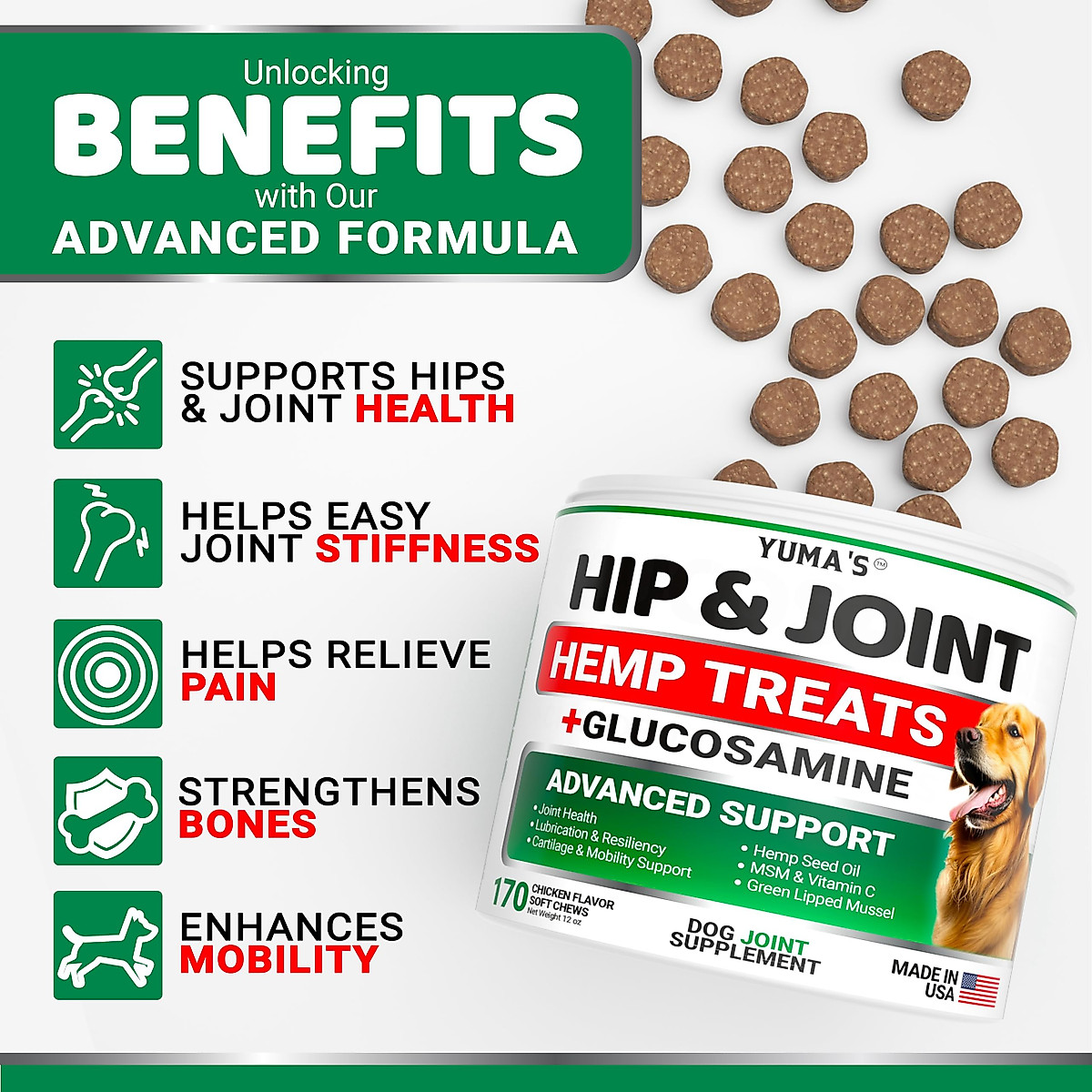 YUMA'S Hemp Hip and Joint Supplement for Dogs - Glucosamine for Dogs - 170 Dog Joint Pain Relief Chews - Chondroitin, MSM - Hemp Oil - Advanced Dog Joint Supplement Health - Mobility Support Treats
