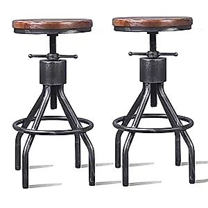 LOKKHAN Set of 2 Industrial Bar Stool-Vintage Adjustable Round Wood Metal Swivel Bar Stool-Cast Iron-23-30 Inch Tall Counter Bar Height Farmhouse Kitchen Stools