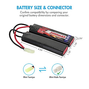 Tenergy 9.6V Airsoft Battery and Charger, 2000mAh NiMH Nunchuck Battery w/Mini Tamiya Connector for Airsoft Guns M249, M240B, M14, RPK, PKM, L85, AUG, G3