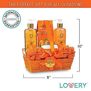 Birthday Gift Basket, Home Spa Gift Basket - Orange & Mango Fragrance - 7pc Bath & Body Set For Women & Men, Contains Shower Gel, Bubble Bath, Body Lotion, Bath Salt, 2 Bath Poufs & Handmade Basket