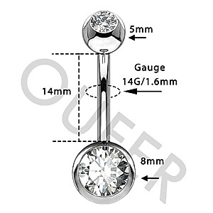 OUFER 14MM Belly Button Rings G23 Solid Titanium 14G Clear CZ Belly Rings Navel Piercing Jewelry Navel Rings