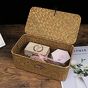 Alipis Desktop Stand Storage Drawers Straw Basket with Lid Seagrass Storage Basket Bins, Desktop Makeup Organizer Sundries Storage Box Rattan Lidded Box Shelf Bracket Small Basket