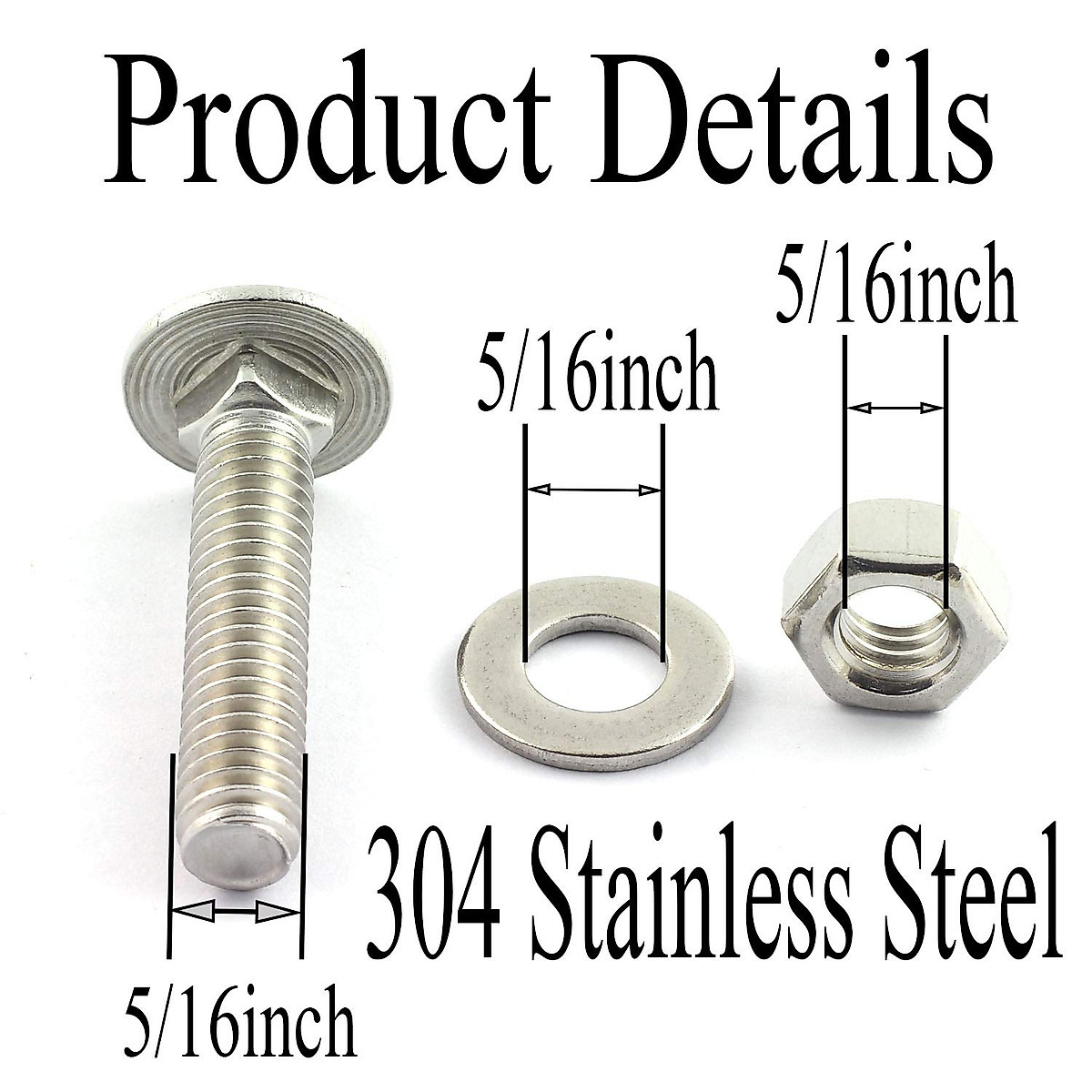 RuiLing 10 Set Carriage Bolt Sets 304 Stainless Steel Carriage Screw Hex Nut and Flat Washer Kits 5/16-18 Inches