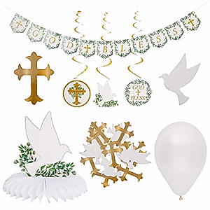 Baptism Decorations Party Set with Hanging Swirls, God Bless Banner, Balloons, Confetti, Centerpiece (58 Pieces)