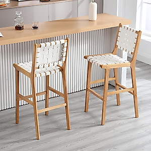 GOOLON Faux Leather Bar Stools Set of 2, 29" Bar Height Stools for Kitchen Island, Modern Farmhouse Barstools with Woven Back Comfy Seat Wood Frame and Footrest for Home Pub Patio, White