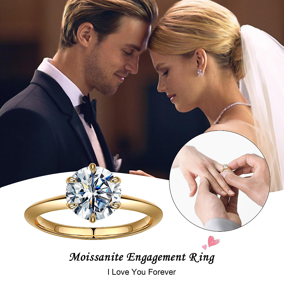 SMILEST 2ct Moissanite Solitaire Ring for Women, D Color VVS1 Clarity Round Lab Created Diamond Engagement Ring 18K Yellow Gold Plated 925 Sterling Silver Classic Moissanite Rings for Women Wife