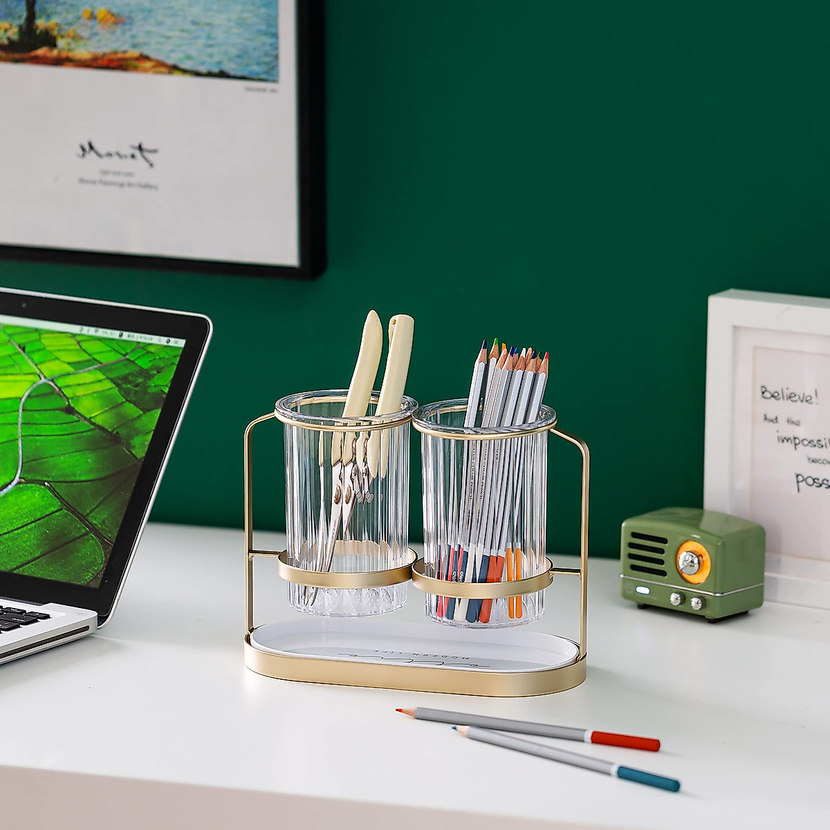 Kitchen Utensil Holder for Countertop 2 Clear White Cups with Gold Iron Frame Cooking Utensil Crock Chic Modern Cutlery Caddy Practical Utensil Pot for Counter for Fork Spoon Knife Flatware Silverware