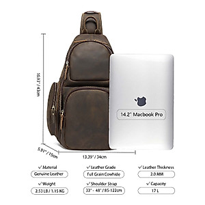 Taertii Full Grain Genuine Leather Sling Bag, Fits 14 inch Laptop, Travel Chest Crossbody Shoulder Sling Backpack Purse Daypack 17L - Brown