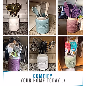 Comfify Wide Mouth Mason Jar Utensil Holder Decorative Kitchenware Organizer Crock, Chip Resistant Ceramic, Dishwasher Safe - Kitchen Caddy Green, Large Size 7" High