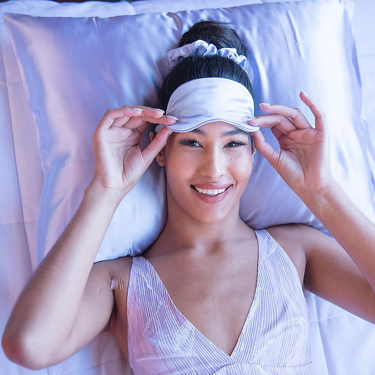 KISMETICS - Vegan Silk Sleep Set, Silky Pillowcase with Large Scrunchie and Eye Mask for Hair and Skin, Self Care Essential Satin Night Routine Kit (Purple Color)