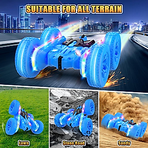 Jimdella Remote Control Car,RC Cars with sides light strip and Headlights,Double Sided 360 Flips Rotating RC Stunt Car,2.4Ghz All Terrain Toys for Ages 4-6 Kids Toy for Boys Girls Birthday Gift(Blue)