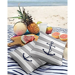 Outdoor Waterproof Throw Pillow Covers 2 Pack Square Pillowcases Grey White Stripes Anchor Pillow Protectors Decorative Cushion Cases for Patio,Garden,20x20 Inch