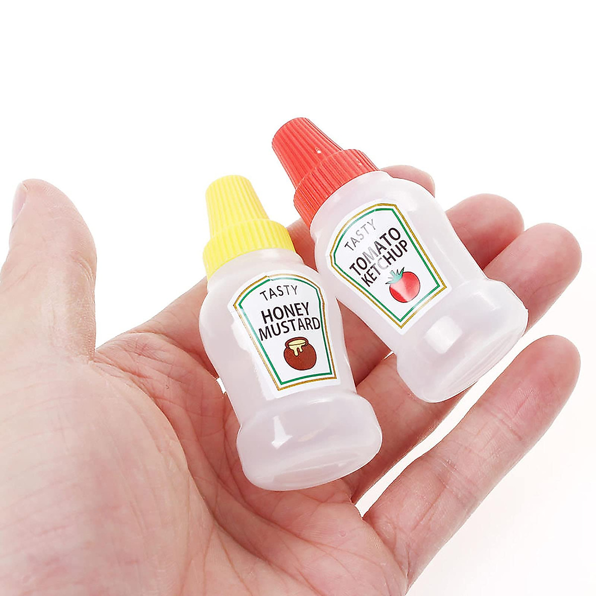 LARATH 4 Pieces Mini Tomato Ketchup Bottle Portable Plastic Squeeze Squirt Condiment Bottles Honey Mustard Sauce Salad Dressing Container for Bento Box, 2 Colors