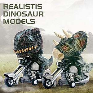 DINOBROS Dinosaur Toy Cars 2 Pack Friction Powered Motorcycle Game T-Rex and Triceratops Monster Dino Toys for Boys Age 3,4,5,6,7