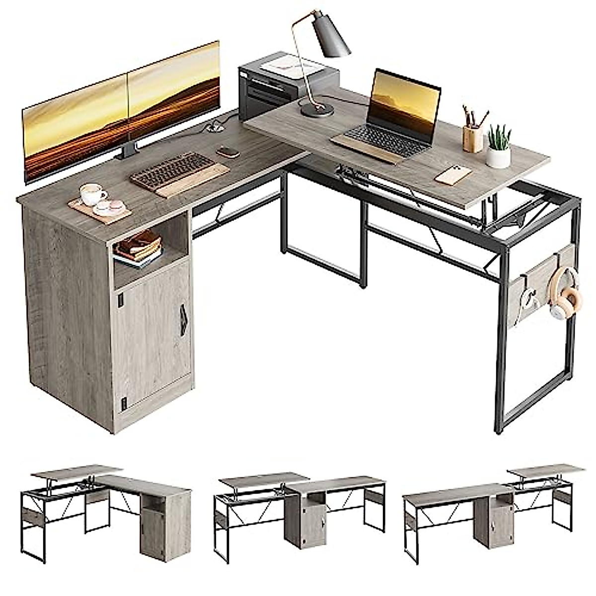 Bestier L Shaped Standing Desk Adjustable Height, 60" Corner Computer Desk with Storage File Cabinet, 95.2" Long and Large Reversible Office Desk with Lift Top, Washed Gray