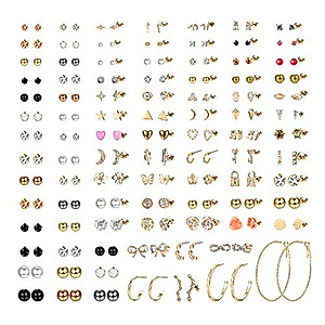 LOLIAS 93 Pairs Assorted Multiple Earrings Set for Women Cute Simple Faux Pearl Hoop Bar Moon Star CZ Stud Earring Jewelry,Gold Tone