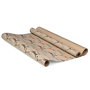 K-Kraft Elegant Christmas Wrapping Paper (Snow Birds-Deer-Ice Flowers/Printed Brown Kraft) 30" x15 Feet, 112.5 Square Feet Total with Tape and Tags