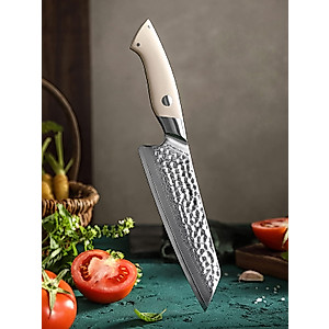 HEZHEN 7.3” Santoku Knife, High Carbon Damascus Steel Chef Knife, Hammered Japanese Style Kitchen Knives,Meat Vegetable Cutting Cleaver Knife, Ivory White G10 Handle