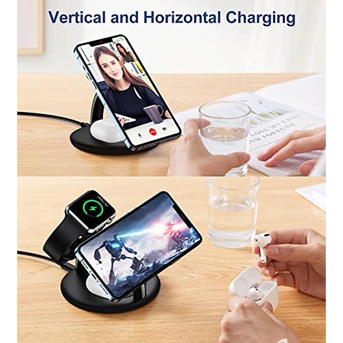 3 in 1 Magnetic Wireless Charging Station for iPhone 14/13/12, 15W Fast Wireless Mag-Safe Charger Stand with QC3.0 Adapter, for iPhone 14 13 12 Pro Max/Pro/Mini,Apple Watch 7/SE/6/5/4/3/2, AirPods Pro