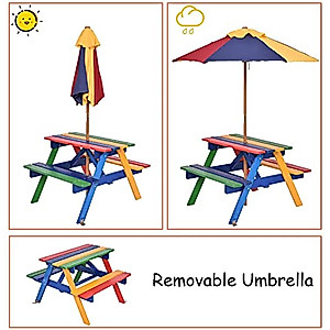 Costzon Kids Picnic Table, Wooden Table & Bench Set with Removable & Foldable Umbrella, Toddler Patio Set for Backyard, Garden, Children Girls & Boys Gift, Kids Table and Chair Set for Outdoors