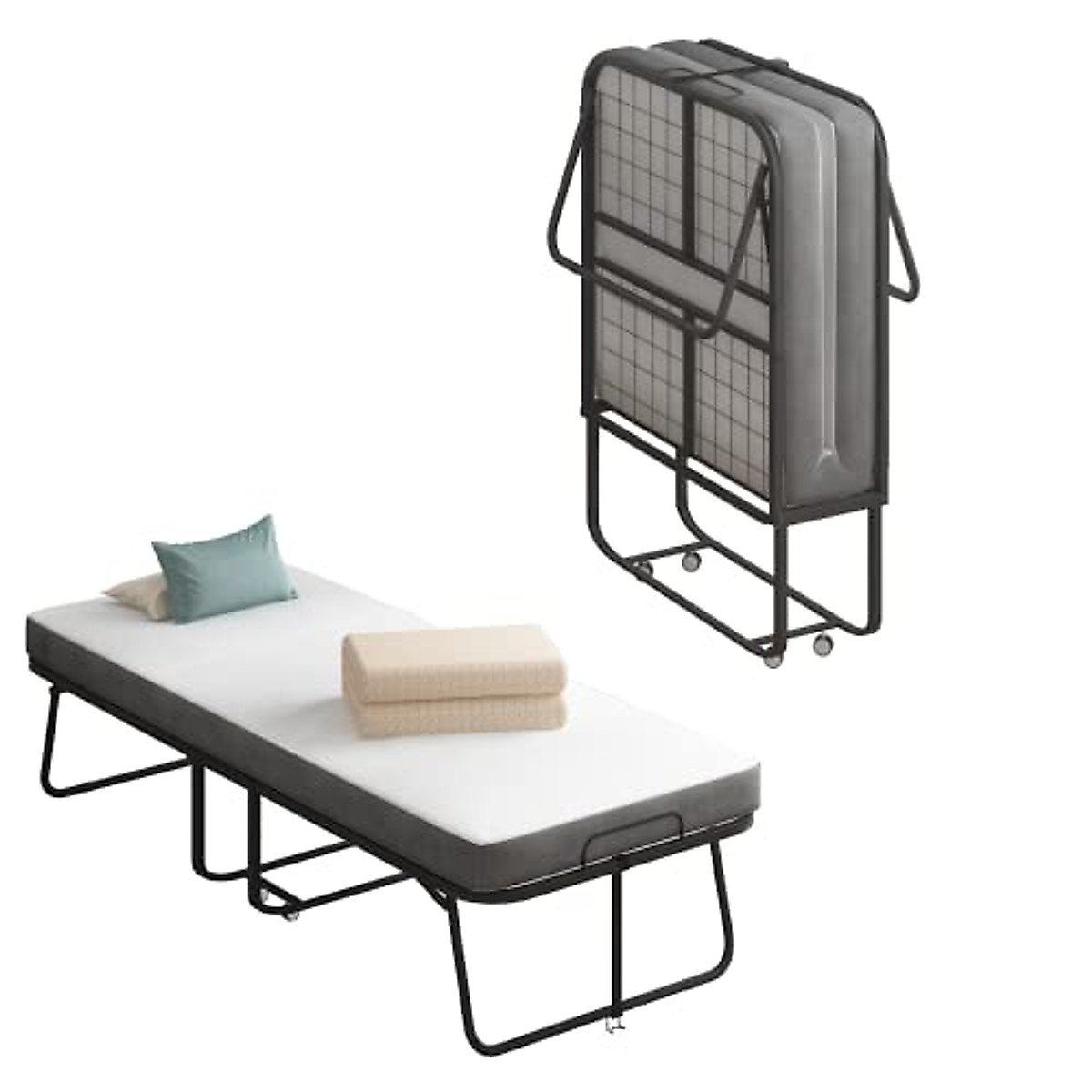 ZAFLY Folding Bed with 4 Inch Mattress,Rollaway Folding Guest Bed Fold Up Bed with Lockable Wheels,Space Saving Foldable Bed Portable Bed,Rollaway Bed with Folding Mattress for Adults,75 x 31 Inch