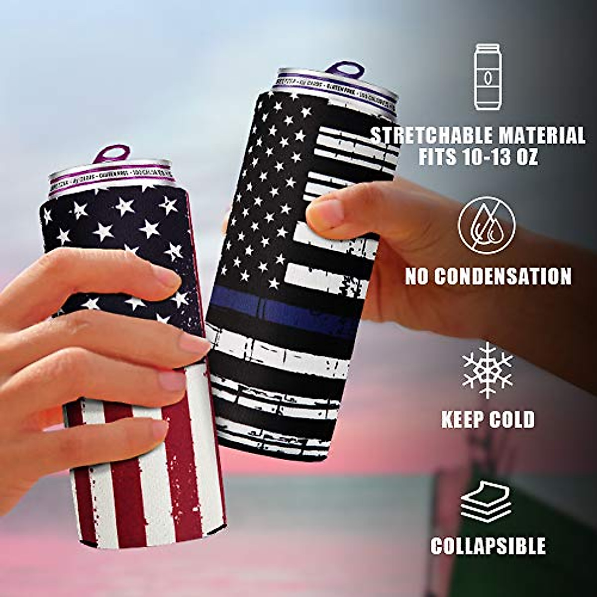 Skinny Can Cooler [ 4 Pack ] Slim Can Cooler for Slim Beer & Hard Seltzer, Skinny Beer Cans Coolie Skinny Insulators, Can Cooler Sleeve Flags
