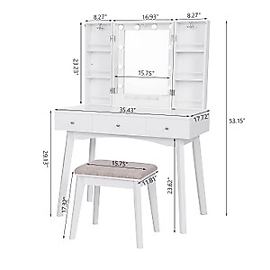 BEWISHOME Vanity Desk with Lighted Mirror, Makeup Vanity with Lights, White Vanity Set with 10 LED Bulbs & Adjustable Brightness, Dressing Table with Makeup Cabinet 3 Drawers for Women FST14W