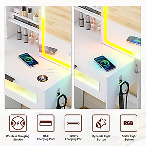 FOMNEY RGB LED Vanity Desk with Mirror and Lights, Makeup Vanity Desk with 3-in-1 Charging Station, Vanity Set with Stool＆Sliding Touch Mirror, Makeup Dressing Table with 5 Drawers (White)