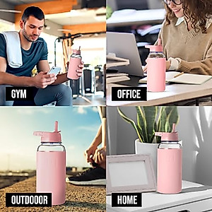 IRON °FLASK Glass Sports Water Bottle - Straw Lid, Airtight Leak Proof, Vacuum Insulated, Bosilicate Glass, Silicone Sleeve, Retains Temperature - Rose, 32 Oz