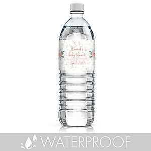 Personalized Pink Floral Baby Shower Water Bottle Labels - 24 Stickers