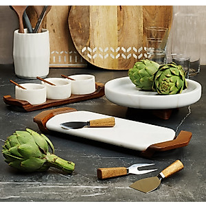 nambe Chevron Fruit Bowl – White Marble and Acacia Wood Decorative Footed Bowl - Kitchen Counter Table Display Centerpiece Bread Vegetable Holder on Pedestal- 10.5”