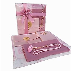 Muslim Prayer Rug | 5 in One Prayer Mat, Short Surahs Book, Tasbeeh, Scarf , Quran Case Set | Pearl Prayer Beads | Islamic Gift For Her | Islamic Gifts for Occasions | Prayer Mat| Birthday Gift|(Pink)