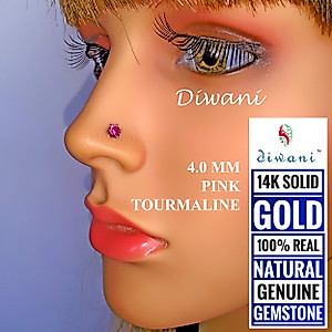 Diwani 14k Gold 4.0mm Natural Pink Tourmaline Gemstone Engagement Wedding Nose Lip Labret Monroe Body Piercing Ring Stud Pin Screw (0.23 Cents, Color- Pink)18 Gauge thick 8.0mm Length Screw back Post