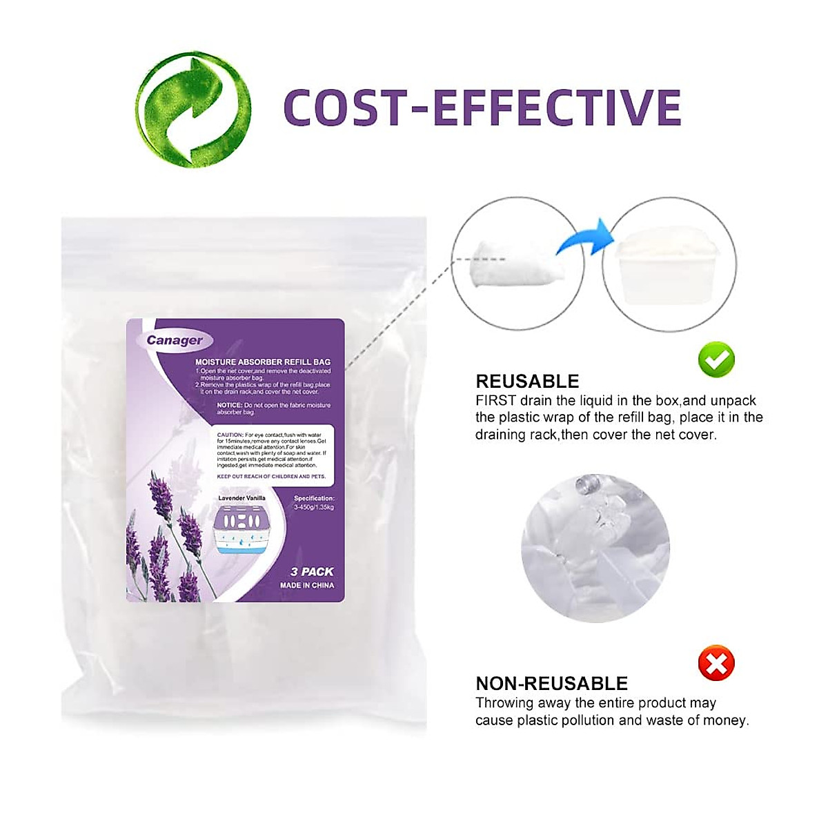 CANAGER Large Capacity Moisture Absorber Refill Bag - 16 oz 3 Packs, Lavender Vanilla, Individual Packaging, Easy to Replace, Absorb Excess Moisture and Create Fresh Air.