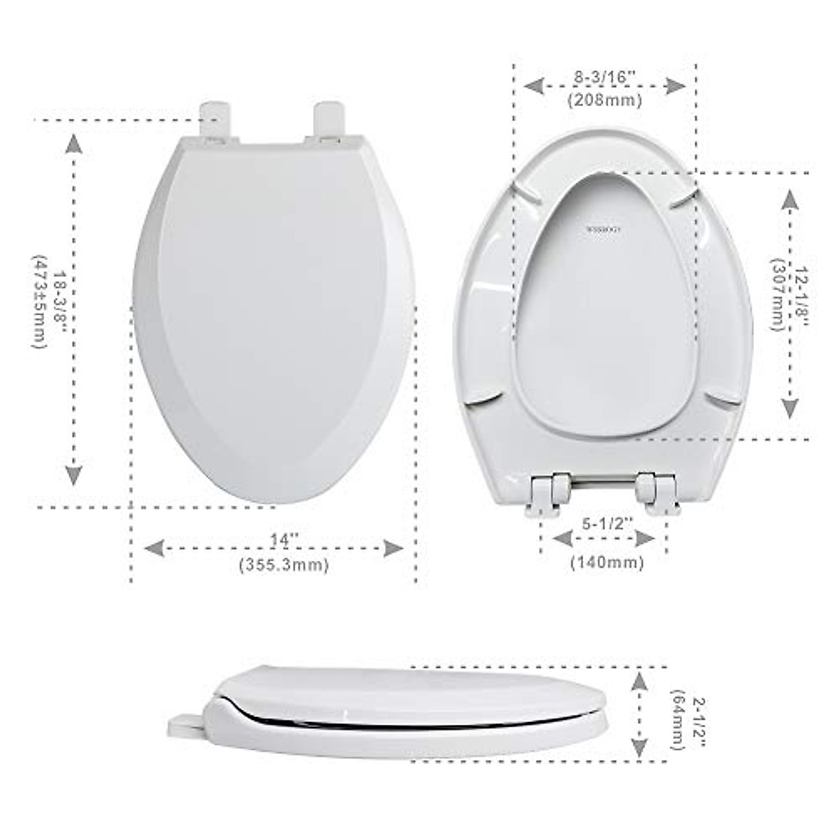 WSSROGY Elongated Toilet Seat with Lid, Slow Close Seat and Lids, Fits Standard Elongated or Oblong Toilets, Oval, Plastic,White