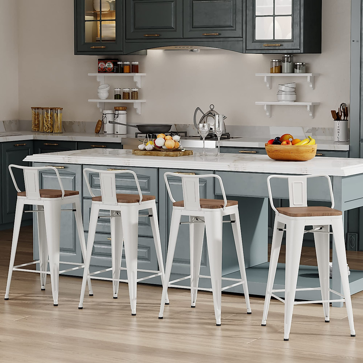 Changjie Furniture 24 Inch Bar Stools Set of 4 Industrial Metal Barstools Counter Height Bar Stool with Backs for Home Kitchen (24 inch, White)