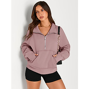 AUTOMET Womens Sweatshirts Half Zip Cropped Pullover Fleece Quarter Zipper Hoodies 2024 Fall Fashion Outfits Clothes DarkPink Medium