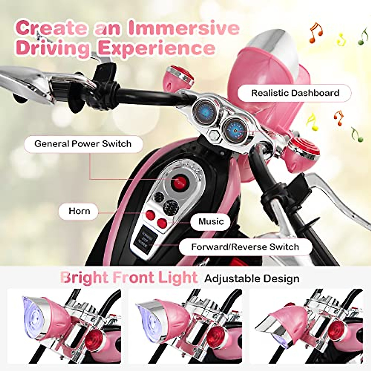 HONEY JOY Pink Kids Motorcycle,6V Battery Powered Toddler Chopper Motorbike Ride On Toy w/Horn & Headlight, Foot Pedal, Music, 3-Wheel Mini Electric Motorcycle for Kids, Gift for Boys Girls(Pink)