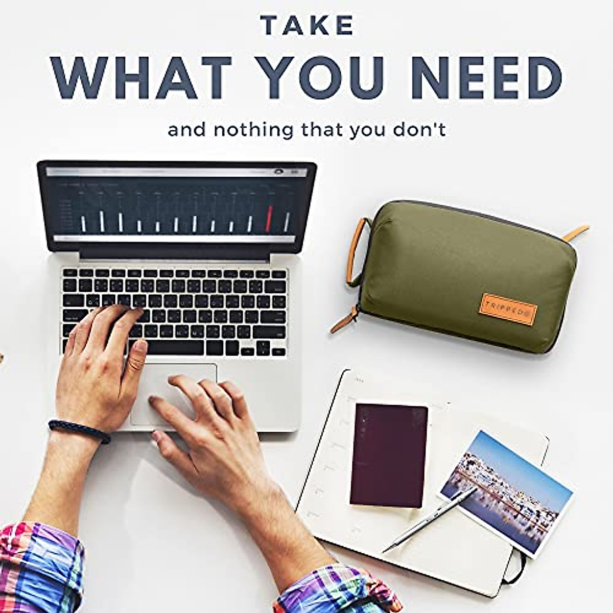 Tech Bag Organizer - Small Electronics Organizer Pouch for Travel - Premium Travel Case with Leather Accents - Mesh Pocket for Cables, Cords and Chargers - TRIPPED Travel Gear (Green)