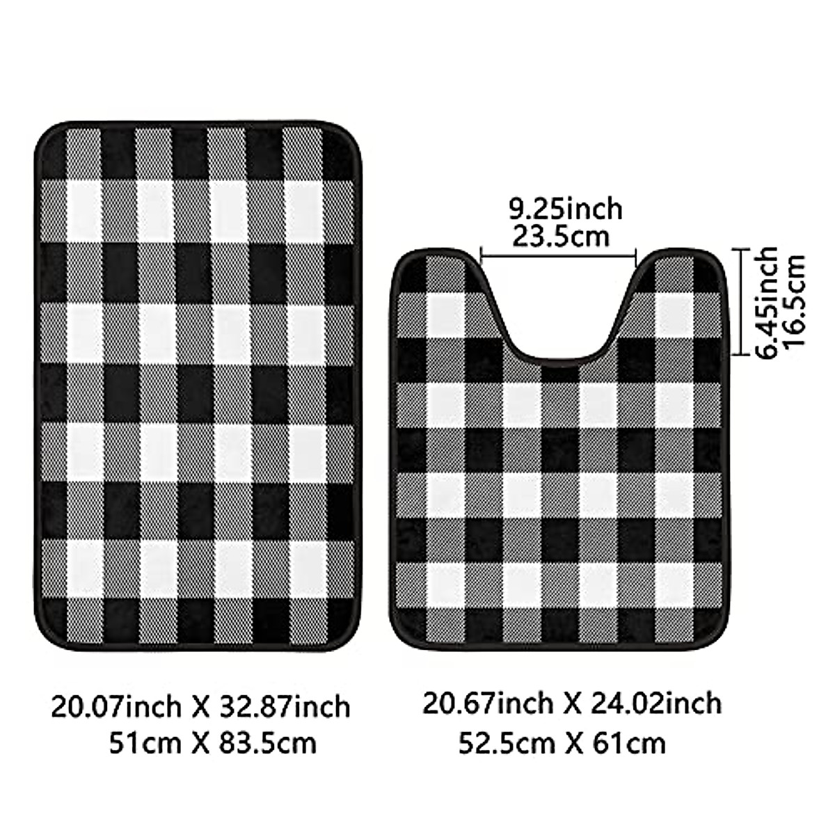 Black and White Plaid Bathroom Rugs Mats Set of 2, Buffalo Check 2 Piece Bath Mats for Bathroom, Absorbent Non Slip Soft Bath Toilet Contour Mat Shower Rugs Decorations for Kitchen Bedroom Indoor