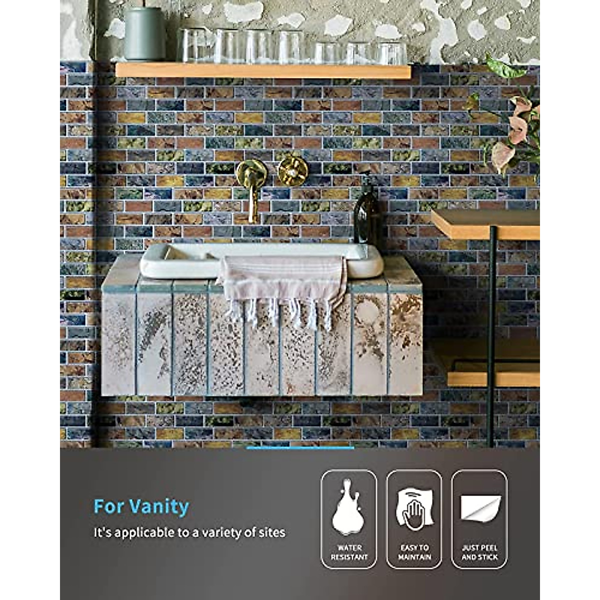 Art3d 10-Piece Peel & Stick Kitchen/Bathroom Backsplash Tiles, 12" X 12" Colorful Marble Tile Design