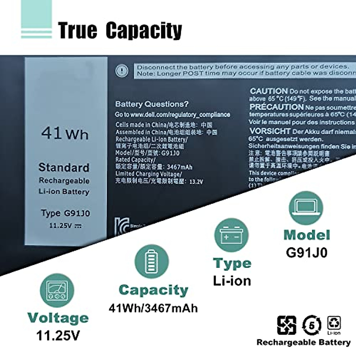 G91J0 41Wh Battery Replacement for Dell Latitude 3320 3330 3420 3520 Inspiron 3510 3511 3515 5310 5410 5418 5510 5515 5518 14 Plus 7420 7415 2-in-1 Vostro 3510 3515 3511 5310 5510 Series V6W33 TN70C