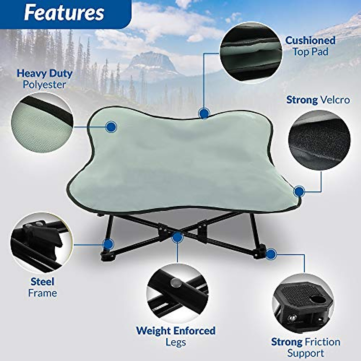 Portable Elevated Dog Bed | Folding Pet Cot for Indoor, Outdoor, Traveling, Camping | Fold Up Steel Frame with Padded Cushion Canopy | Raised Travel Lounger for Large, Small, Dogs, Cats, up to 100 lb.