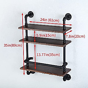 HAOVON Industrial Pipe Shelf Wine Rack Wall Mounted with 5 Stem Glass Holder,3-Tiers Rustic Floating Bar Shelves Wine Shelf,24in Real Wood Shelves Wall Shelf Unit,Pipe Shelving Glass Rack