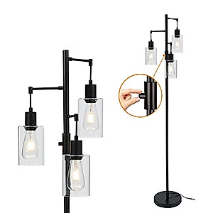 Liylan Dimmable Floor Lamp, Industrial Floor Lamp for Living Room Bedroom, Black 3 Lights Tree Standing Lamp, with On/Off Switch, Clear Glass Shade